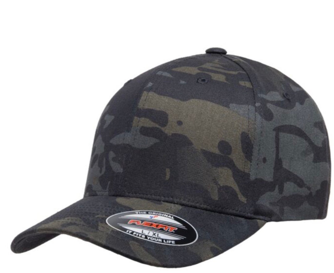 Embroidered Black Camo Flex-fit Hat, Personalized Fitted Hat With ...