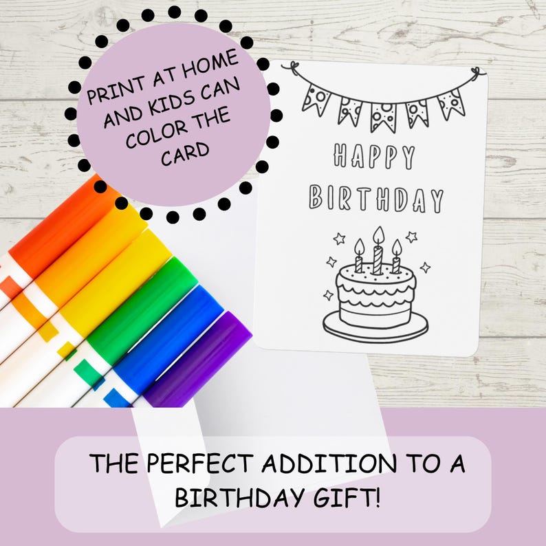 Printable Coloring Birthday Card for Kids – Foldable 5x7 Digital ...