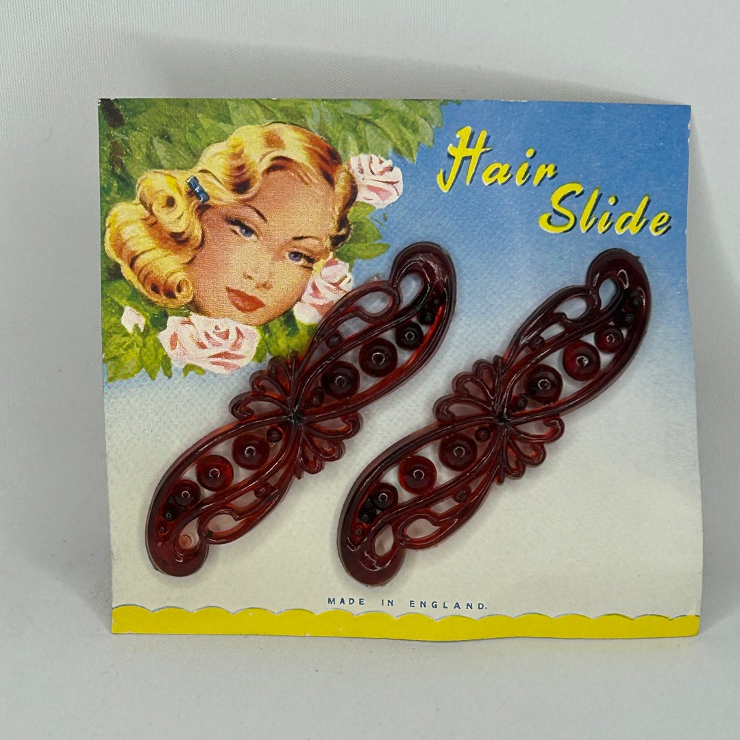 1 PAIR 1950's Brown Decorative Hair Slides New Old Stock Small Lucite ...