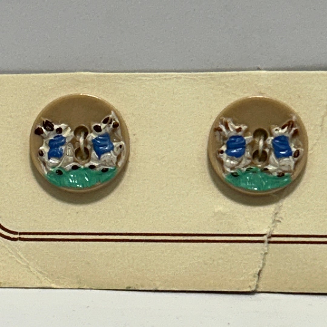 4 X 12mm Novelty Hand Painted Bunny Rabbits Buttons Genuine 1950s ...