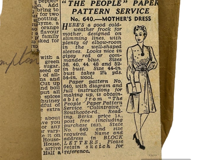 Original Paper 1940s 40 Bust Dress Sewing Pattern by the People Paper ...