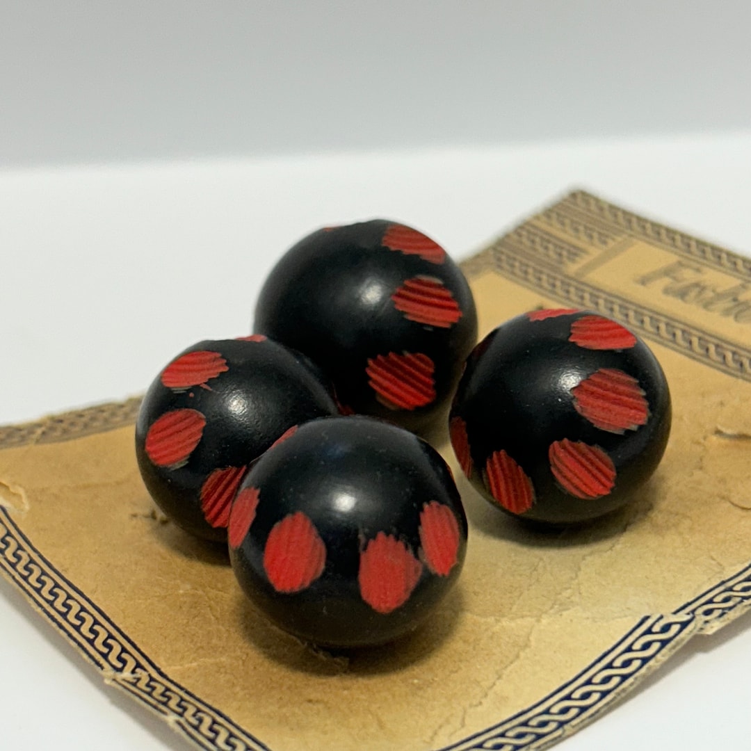 1 X 21mm 3 X 18mm Set Black & Red Wood Ball Buttons Genuine 1940s ...