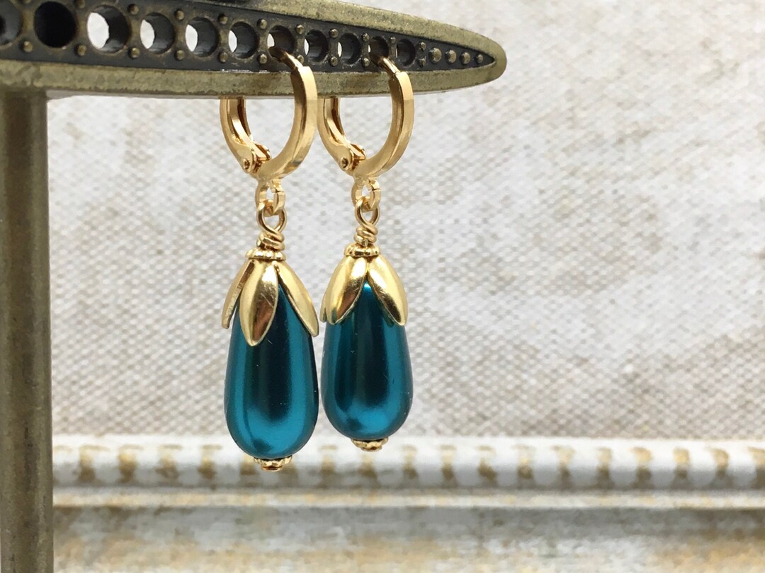 Teal Glass Faux Pearl Drops - Etsy