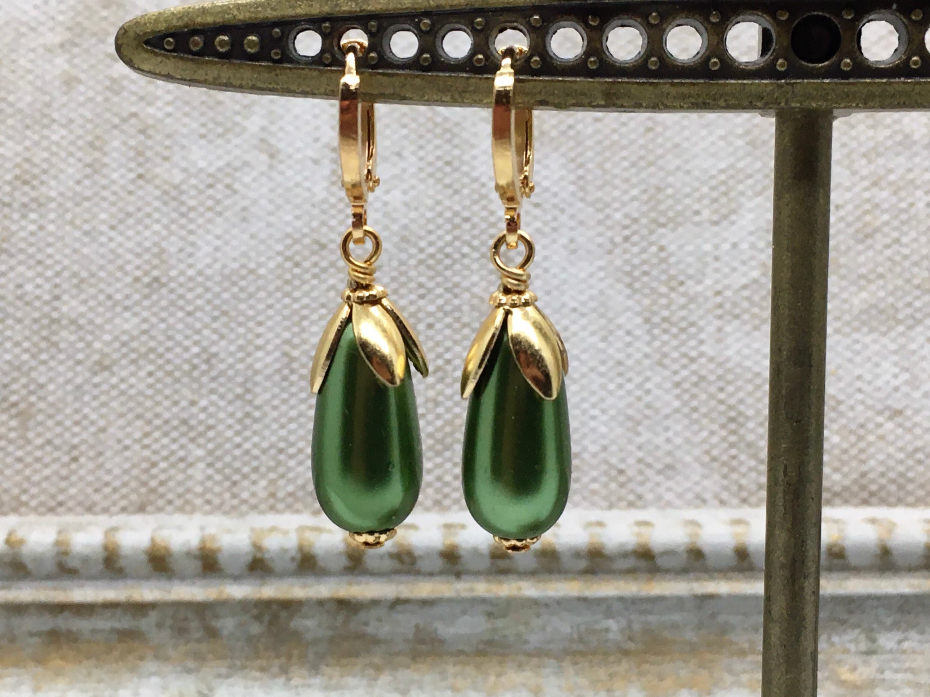 Green Glass Faux Pearl Drops - Etsy