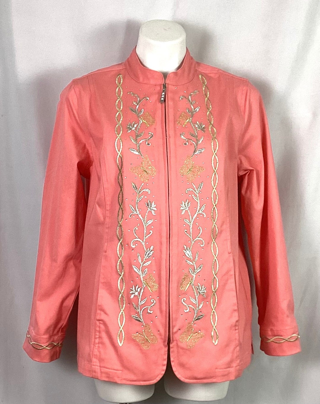 Nwot-quacker Factory- Coral Denim Jacket With Gold Embroidery - Etsy