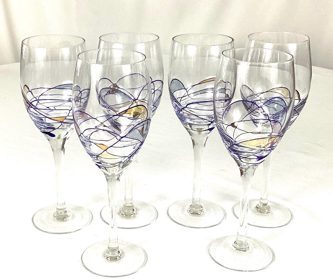 Partylite-long Stem Wine Glasses With an Applied Abstract Mosaic Design ...