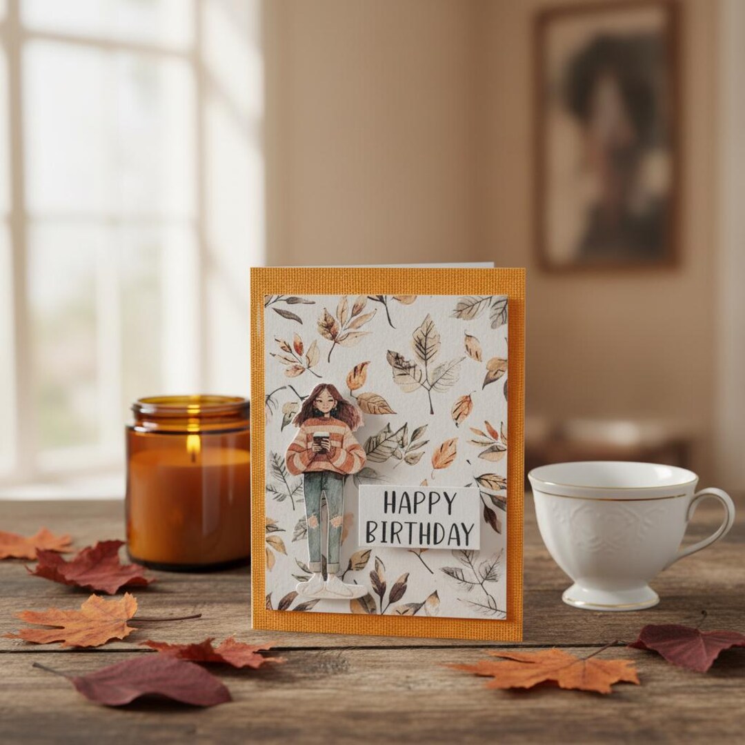 Handmade Birthday Card | Cozy Girl With Coffee | Warm Tones & Leaf ...