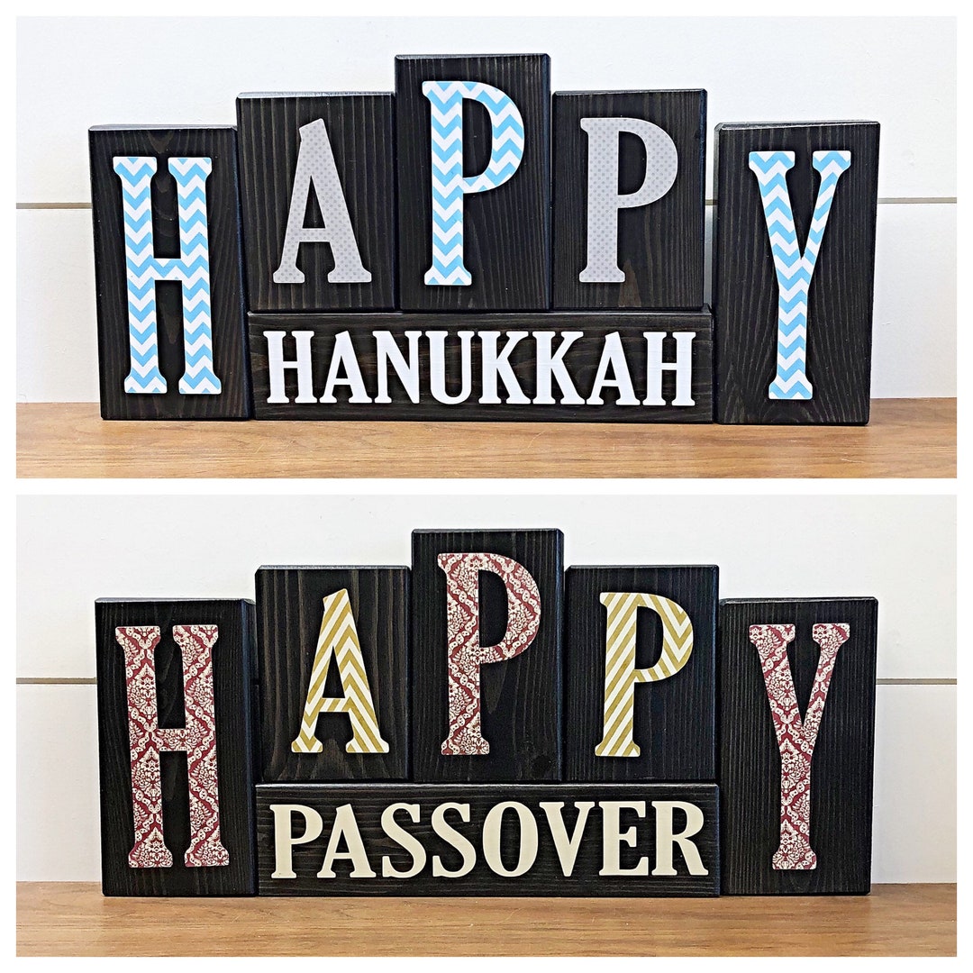 Happy Hanukkah and Happy Passover Reversible Letter Block Set, Rustic ...