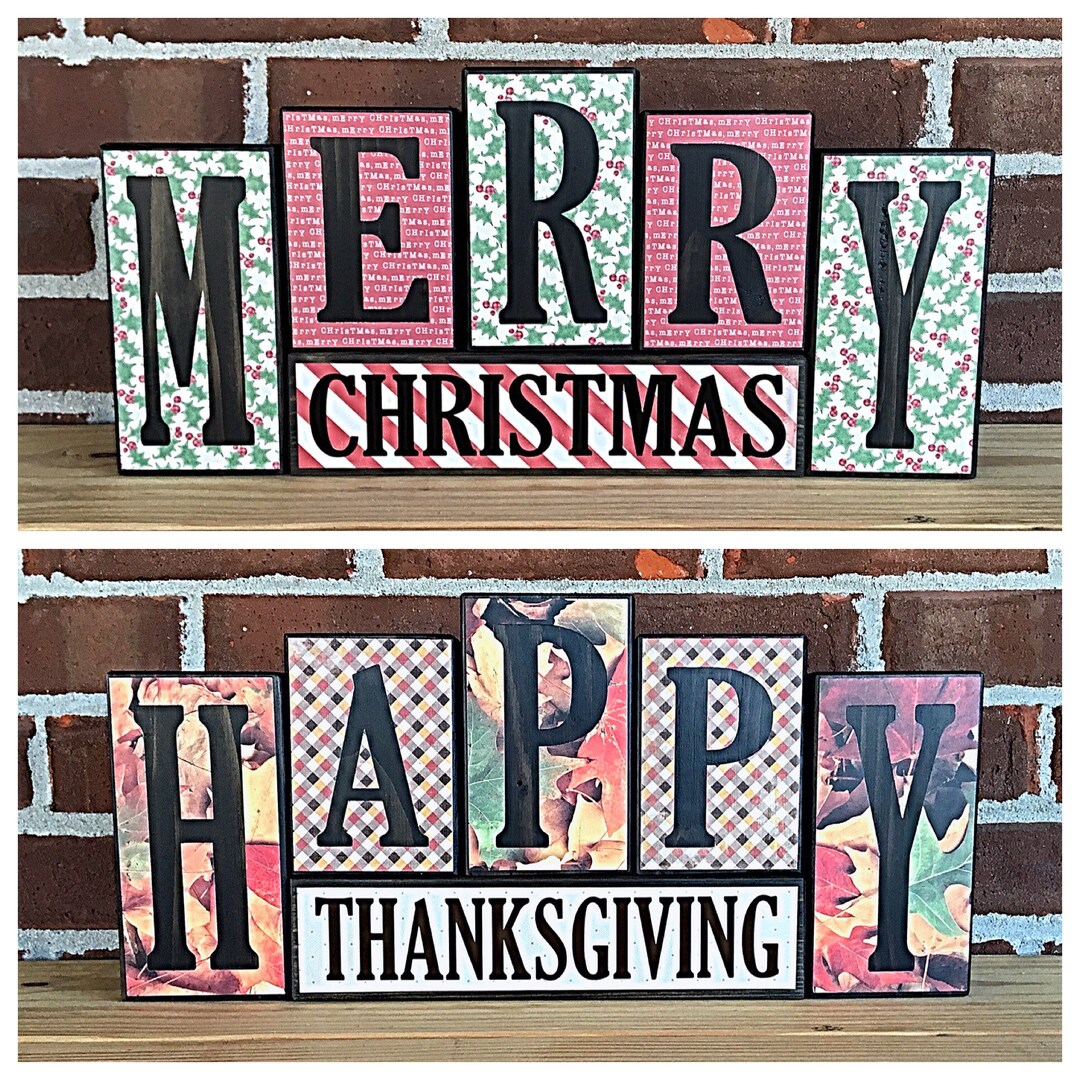 Reversible Merry Christmas and Happy Thanksgiving Letter Block Set ...