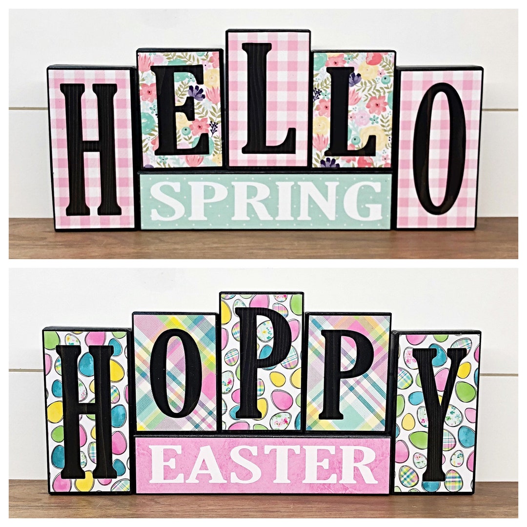 Hoppy Easter and Hello Spring Reversible Wooden Letter Block Set ...