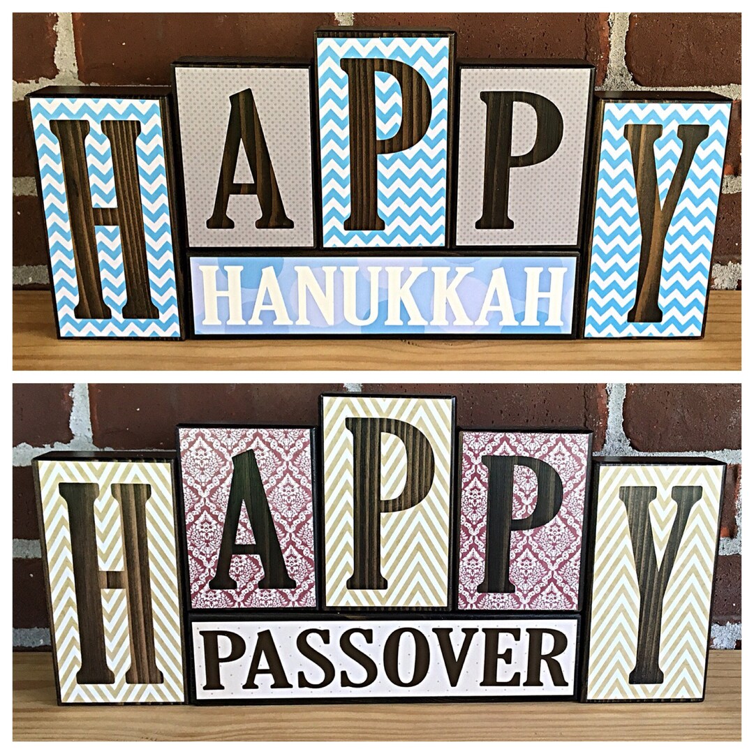 Reversible Happy Hanukkah and Happy Passover Letter Block Set Rustic ...
