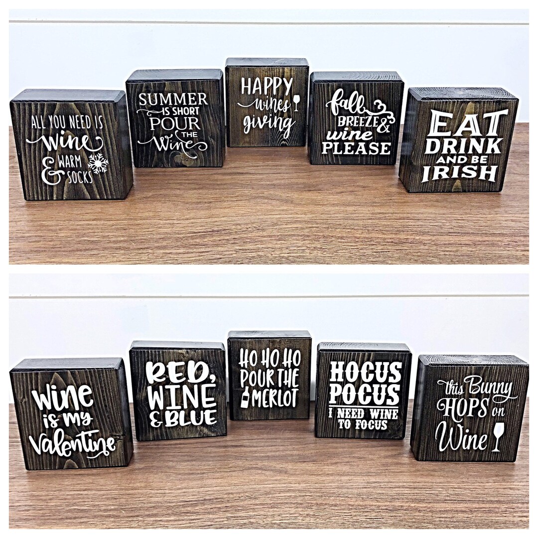 Reversible Holiday Wine Themed Blocks, Set of 5 Rustic Wooden Block ...