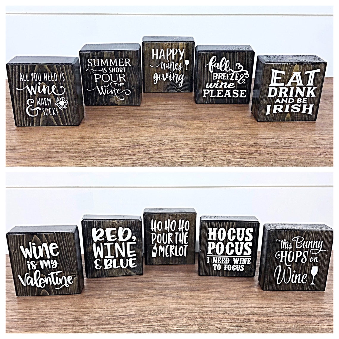 Reversible Holiday Wine Themed Blocks, Set of 5 Rustic Wooden Block ...