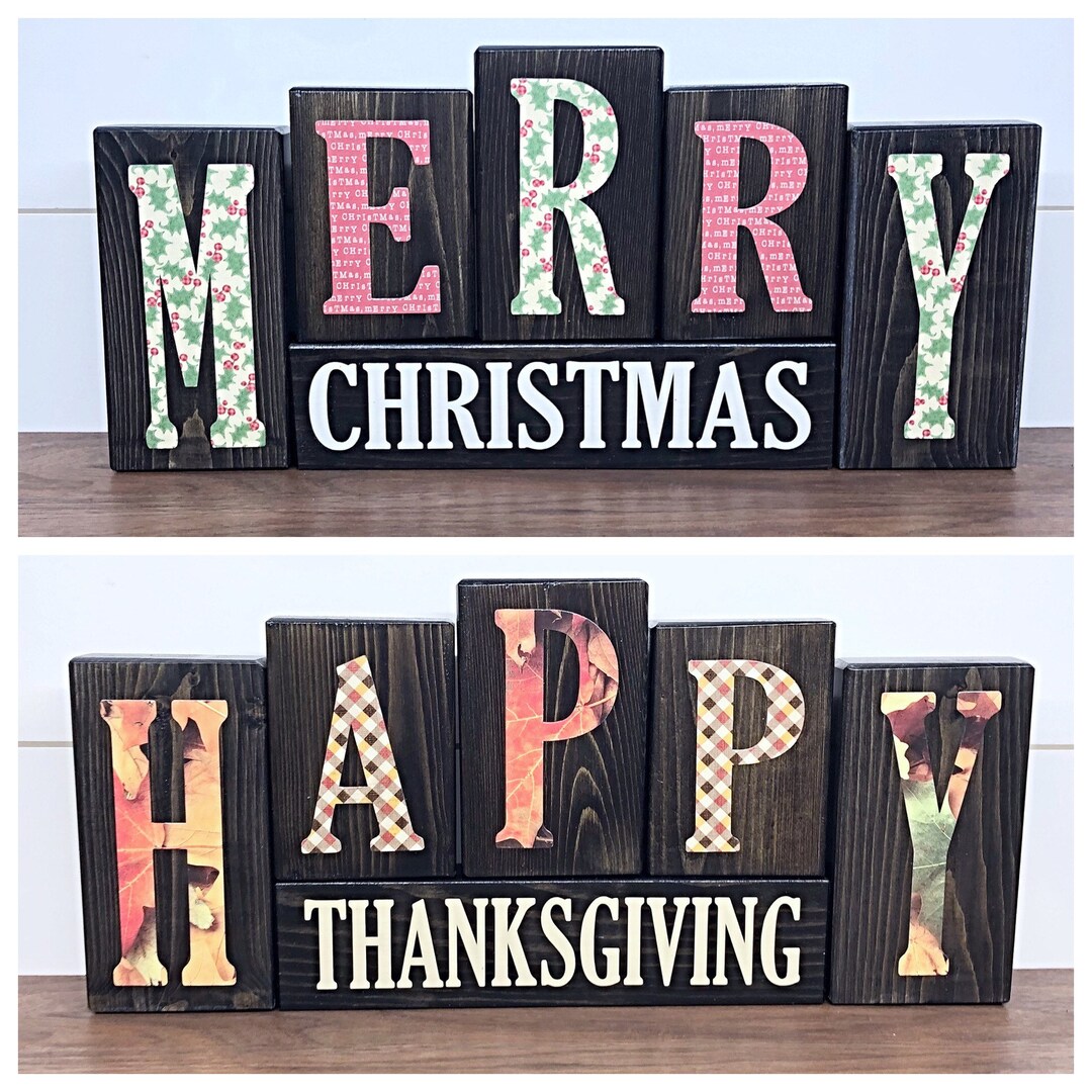 Reversible Merry Christmas and Happy Thanksgiving Letter Block Set for ...