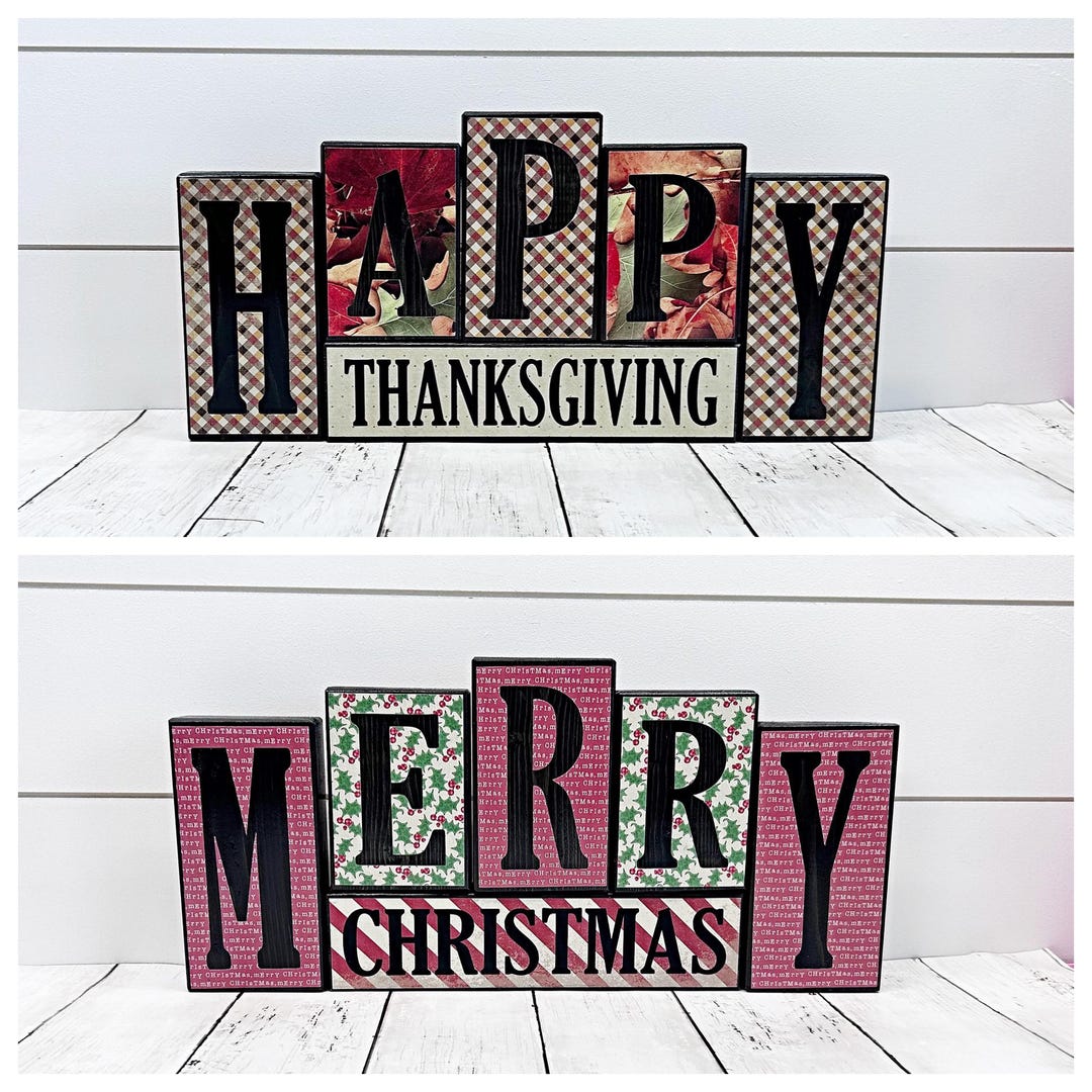 Reversible Merry Christmas and Happy Thanksgiving Letter Block Set ...