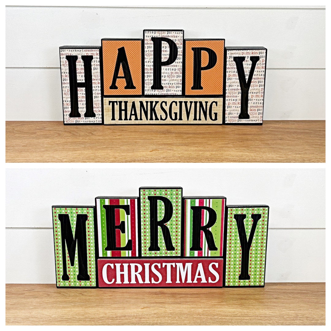 Reversible Merry Christmas and Happy Thanksgiving Letter Block Set for ...