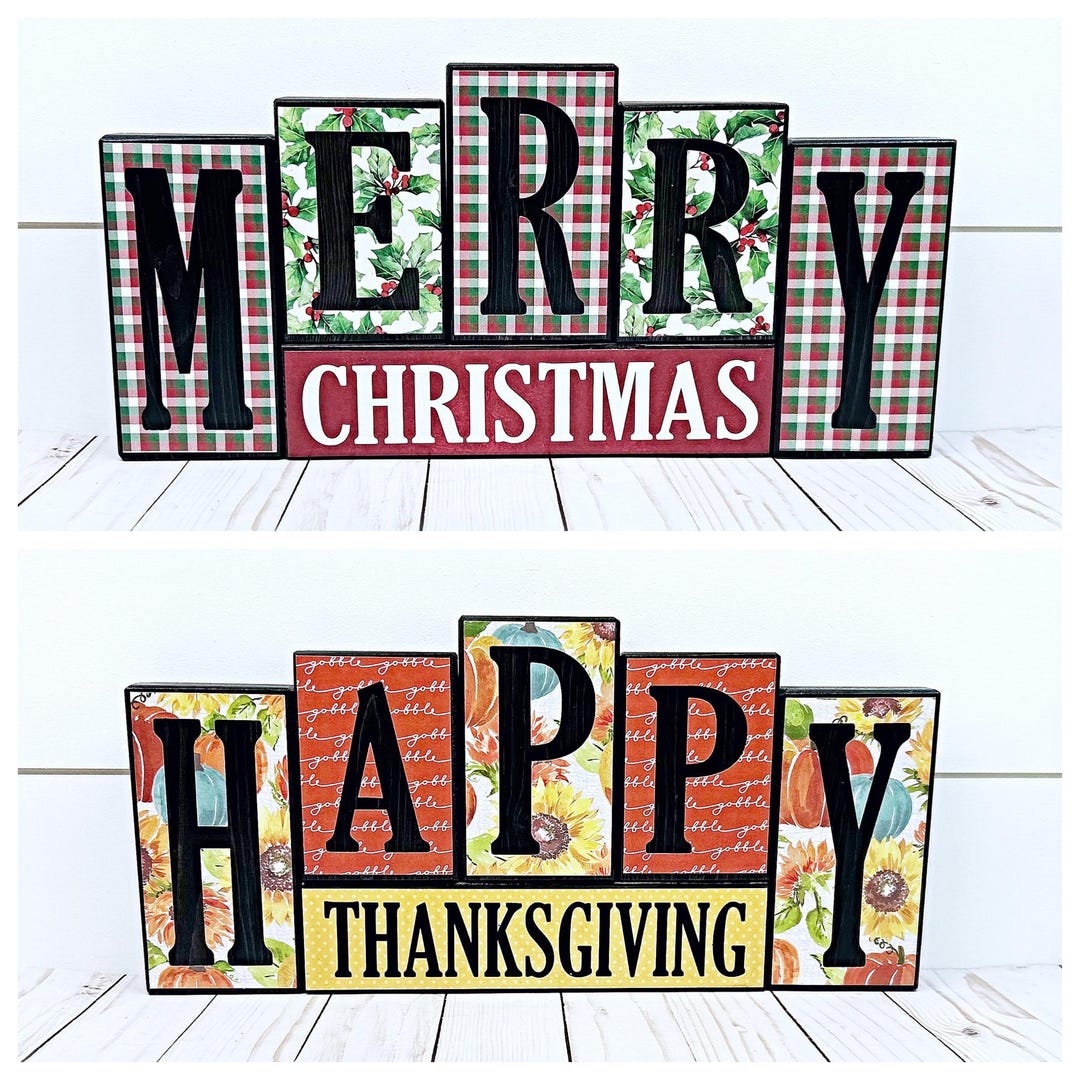 Reversible Happy Thanksgiving and Merry Christmas Block Set for Mantle ...