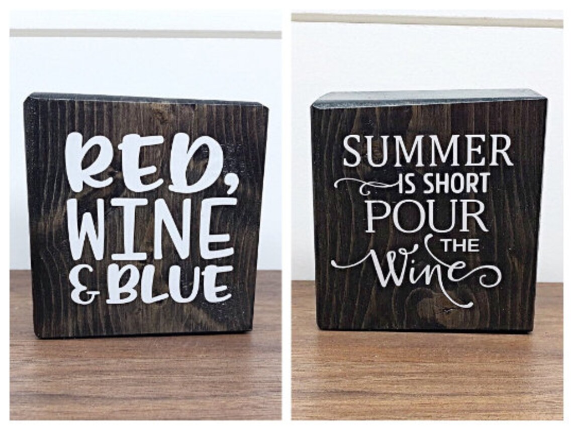 Reversible Holiday Wine Themed Blocks, Set of 5 Rustic Wooden Block ...