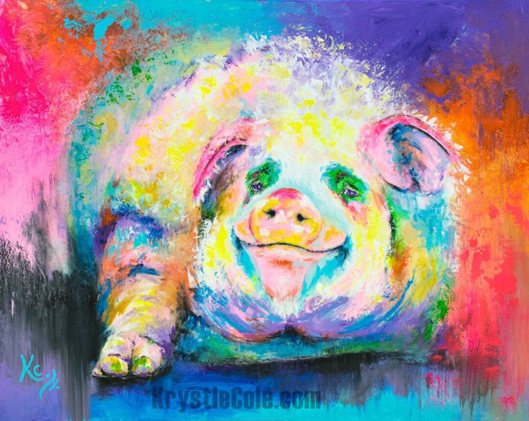 Pig Painting Colorful Pig Art Print on CANVAS or PAPER by - Etsy