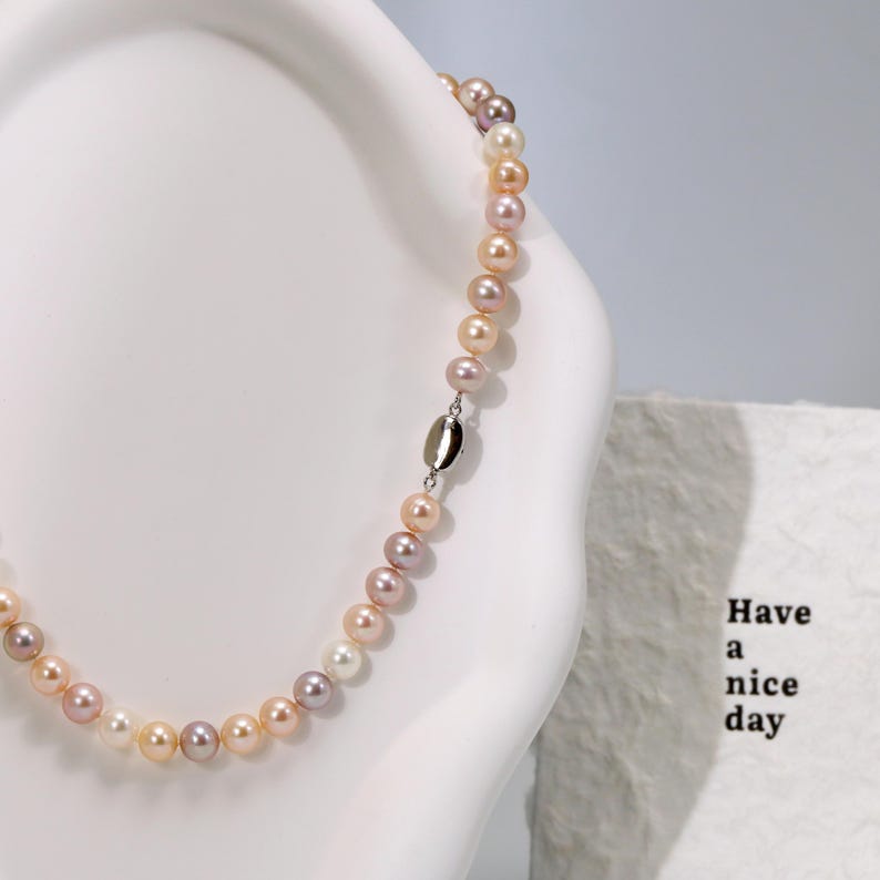8-8.5mm Hand Knotted Freshwater Pearl Necklace, Round Mixed Color ...