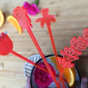 Flower Drink Stirrers on Neon Pink Translucent Acrylic / Botanical ...
