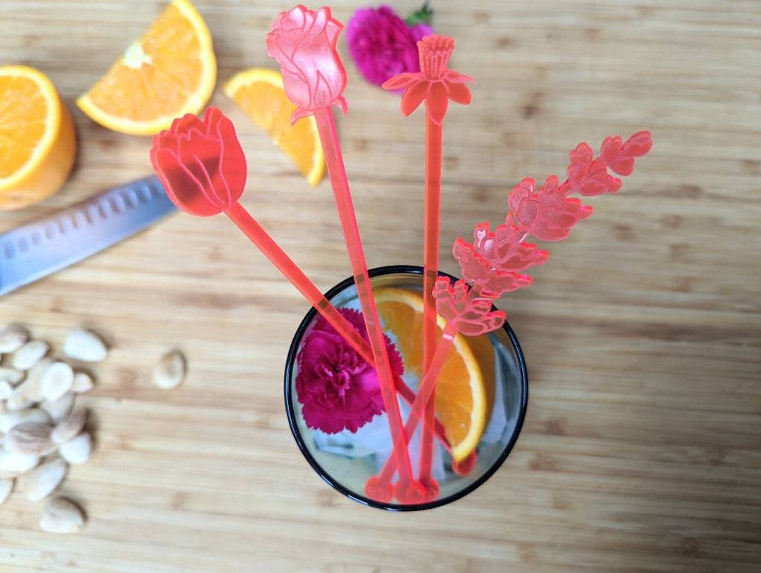 Flower Drink Stirrers on Neon Pink Translucent Acrylic / Botanical ...