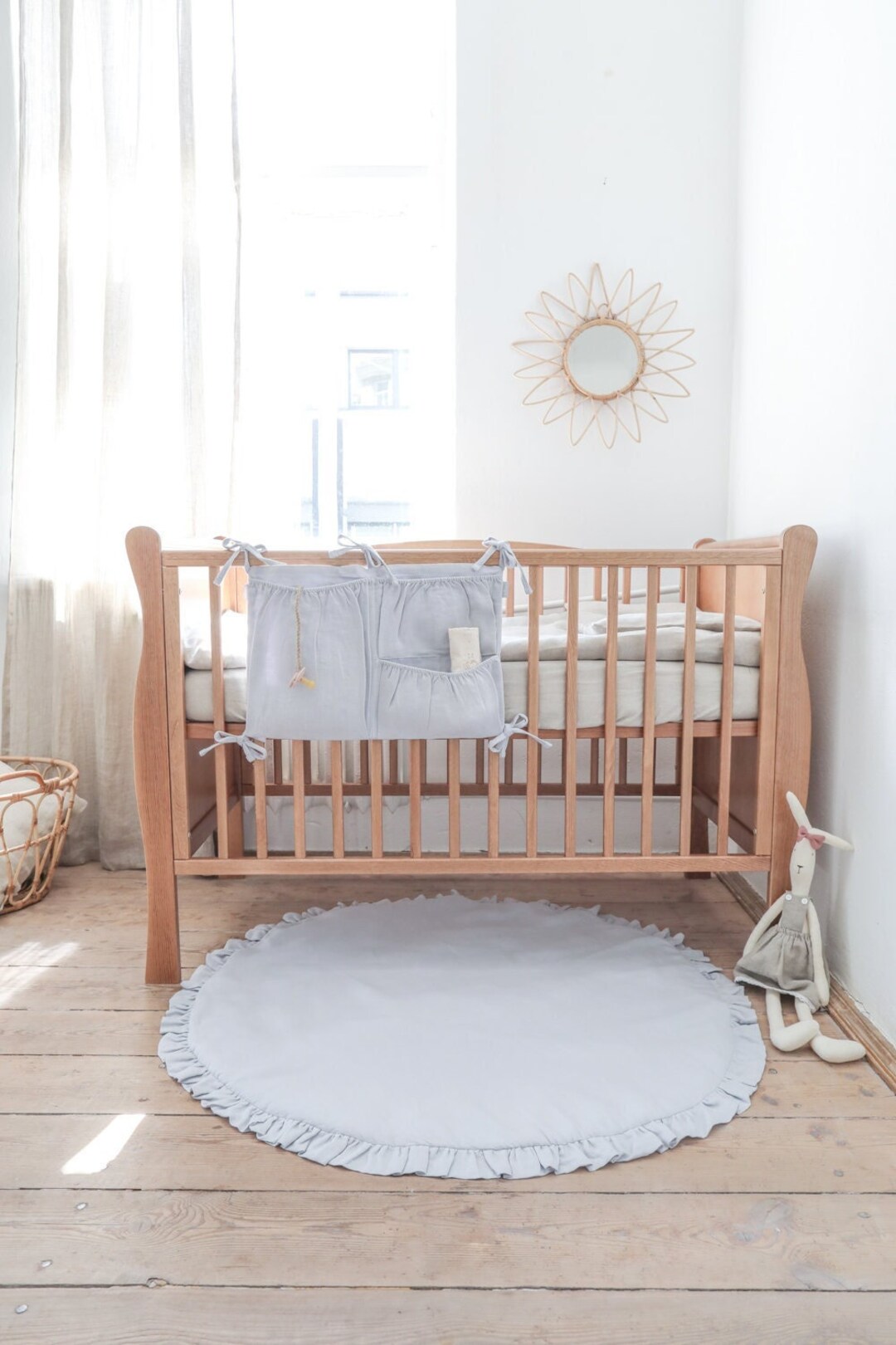 Round Linen Playmat With Ruffle, Light Gray Nursery Rug - Etsy