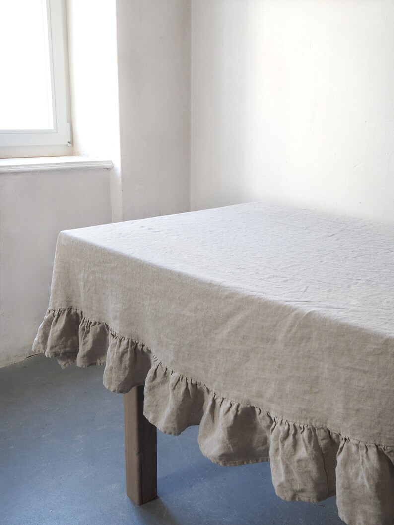 Farmhouse-style ruffled linen tablecloth. Stonewashed European | Etsy