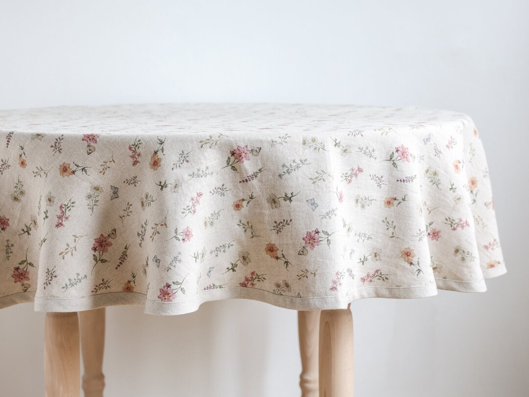 Floral Round Linen Tablecloth. Linen Tablecloth With Flowers. Heavy ...