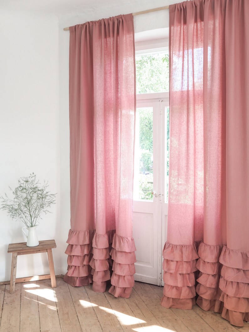 Dusty pink linen ruffled curtain panel made of MEDIUM LINEN | Etsy