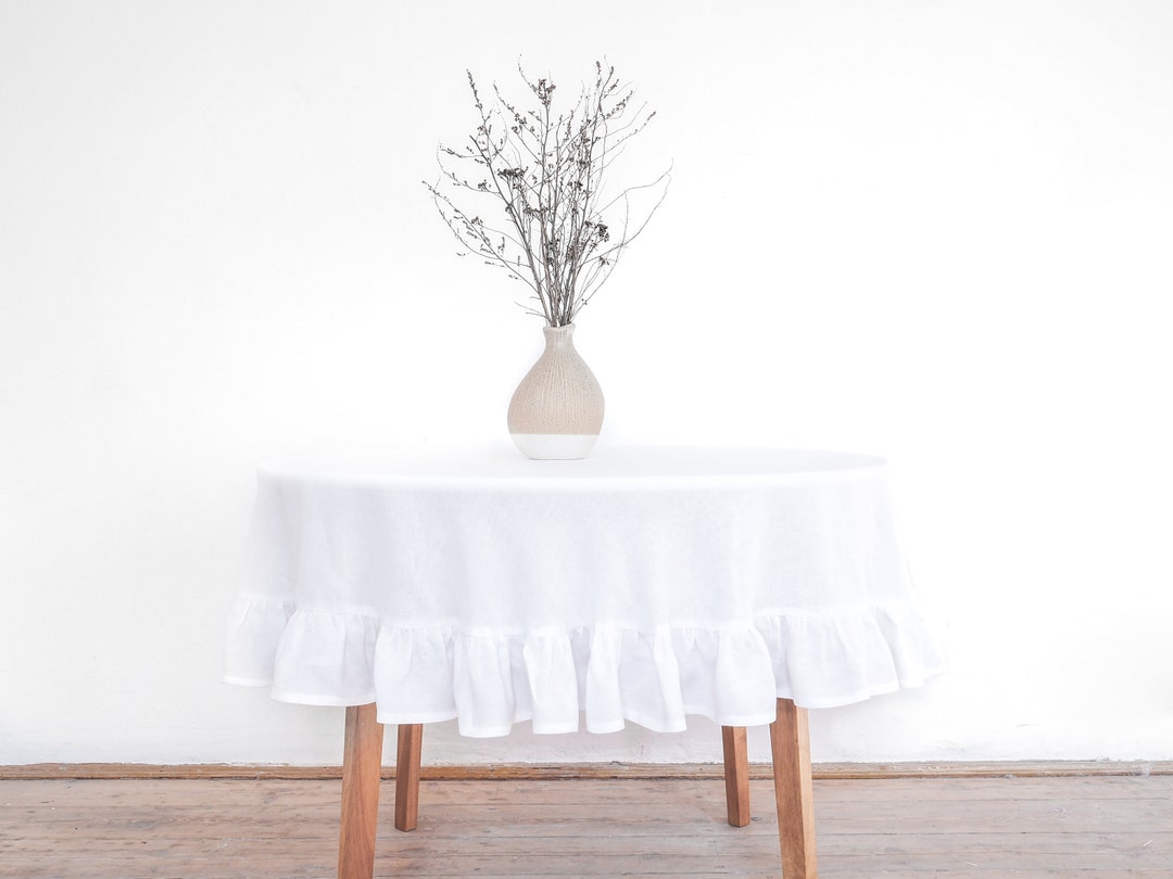 Pure White Large Round Tablecloth | Ruffled Linen Tablecloth - Etsy