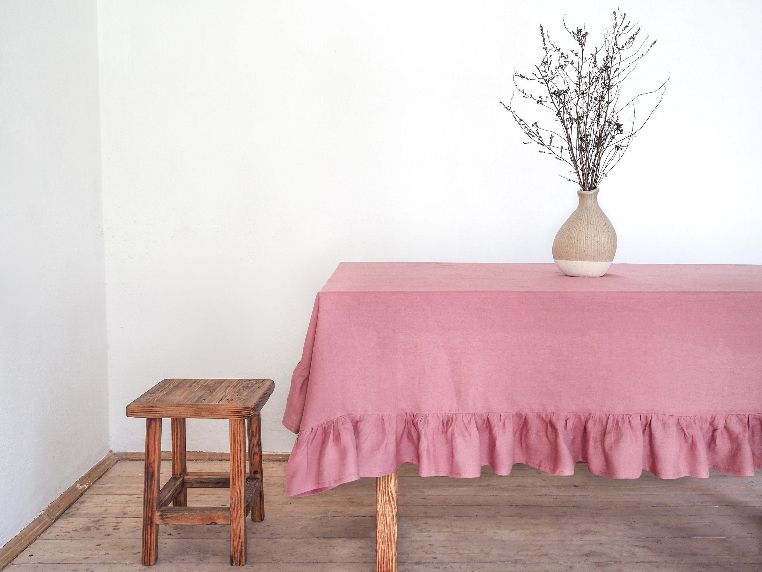 Dusty pink ruffled tablecloth made of stonewashed linen. | Etsy
