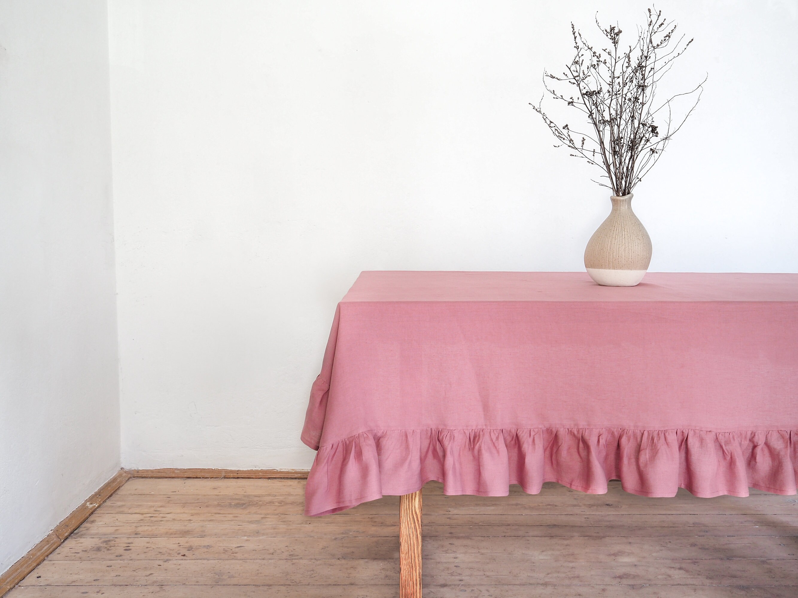 Dusty pink ruffled tablecloth made of stonewashed linen. | Etsy
