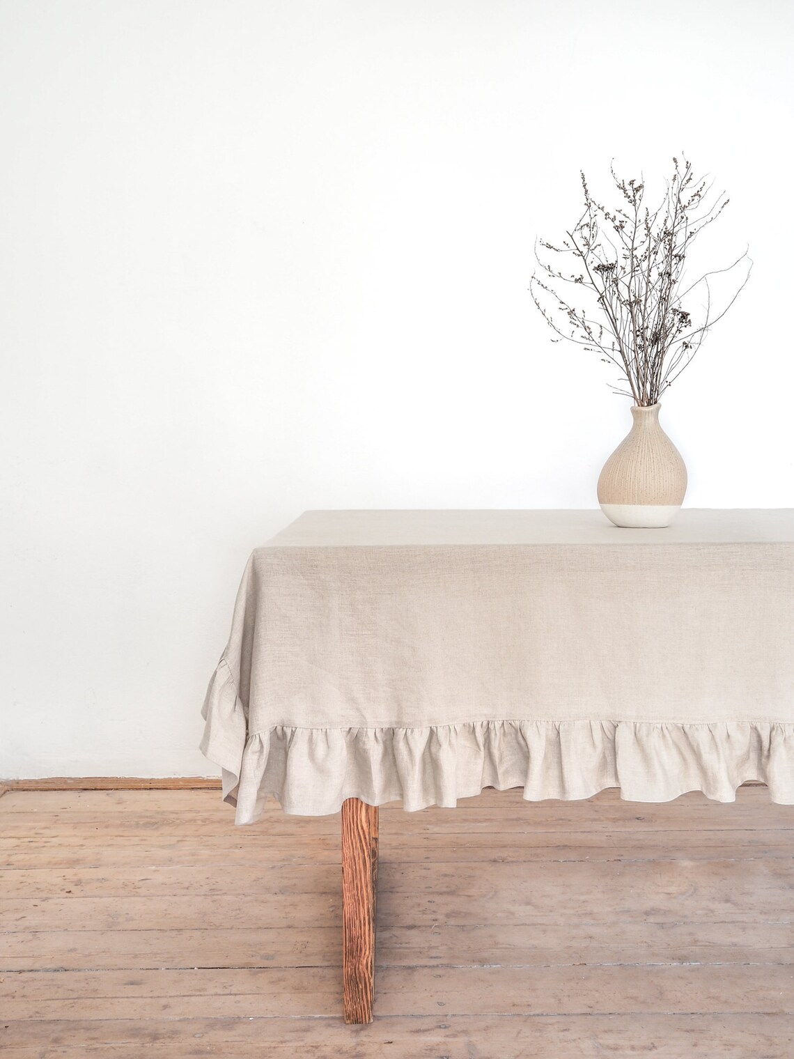 Farmhouse-style ruffled linen tablecloth. Stonewashed European | Etsy