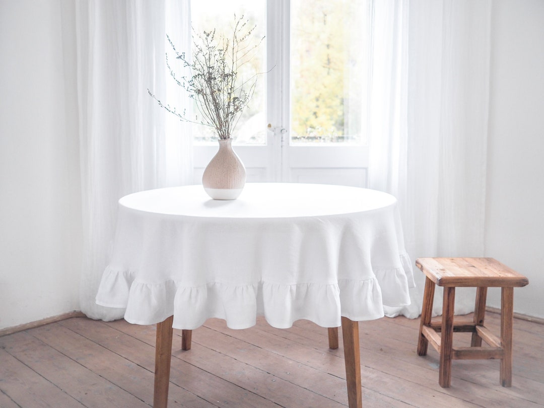 White Round Linen Tablecloth. Ruffled Linen Tablecloth. Large ...