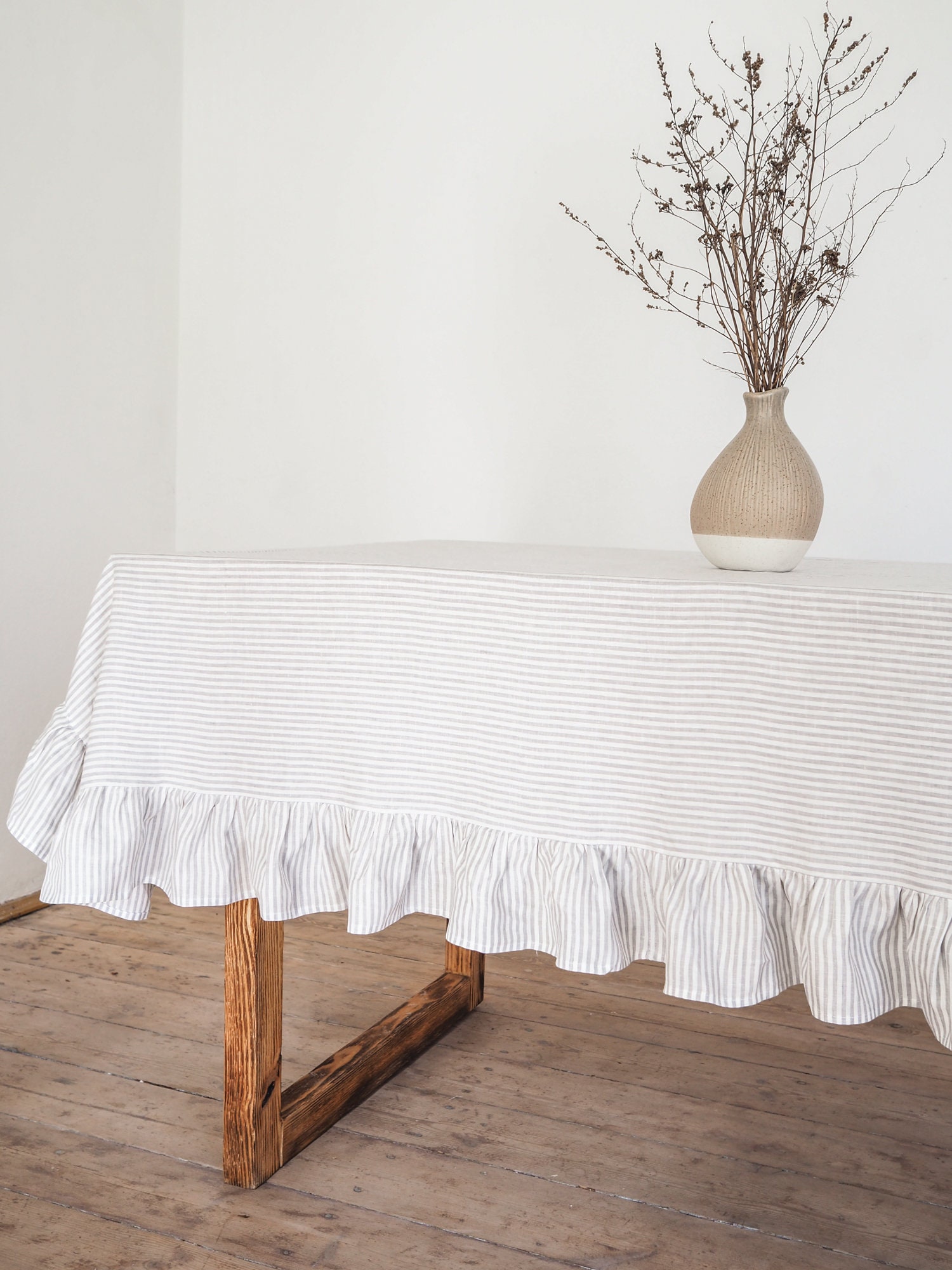 Striped linen tablecloth. Ruffled linen tablecloth. Natural | Etsy