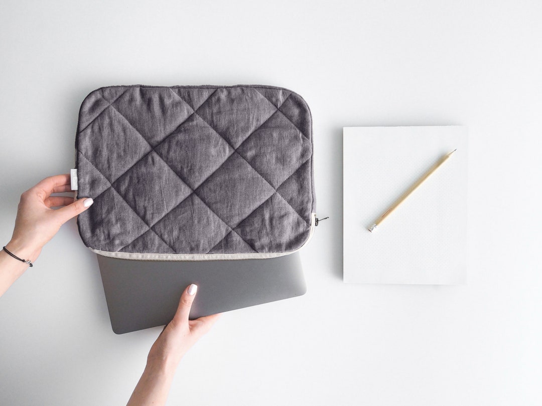 Charcoal Quilted Laptop Case With Soft Padding. Linen Laptop Sleeve. - Etsy
