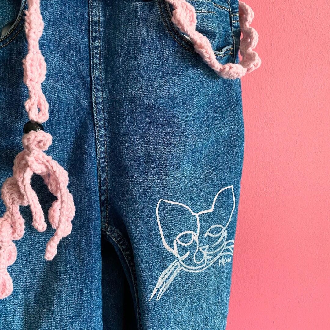 Screen Printed Cat Denim Overalls With Crochet Belt, Size 4 - Etsy