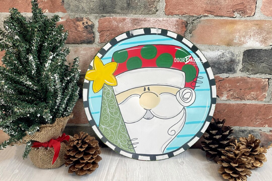 Santa Round Door Hanger - Merry Christmas Door Decor - Holiday Winter ...