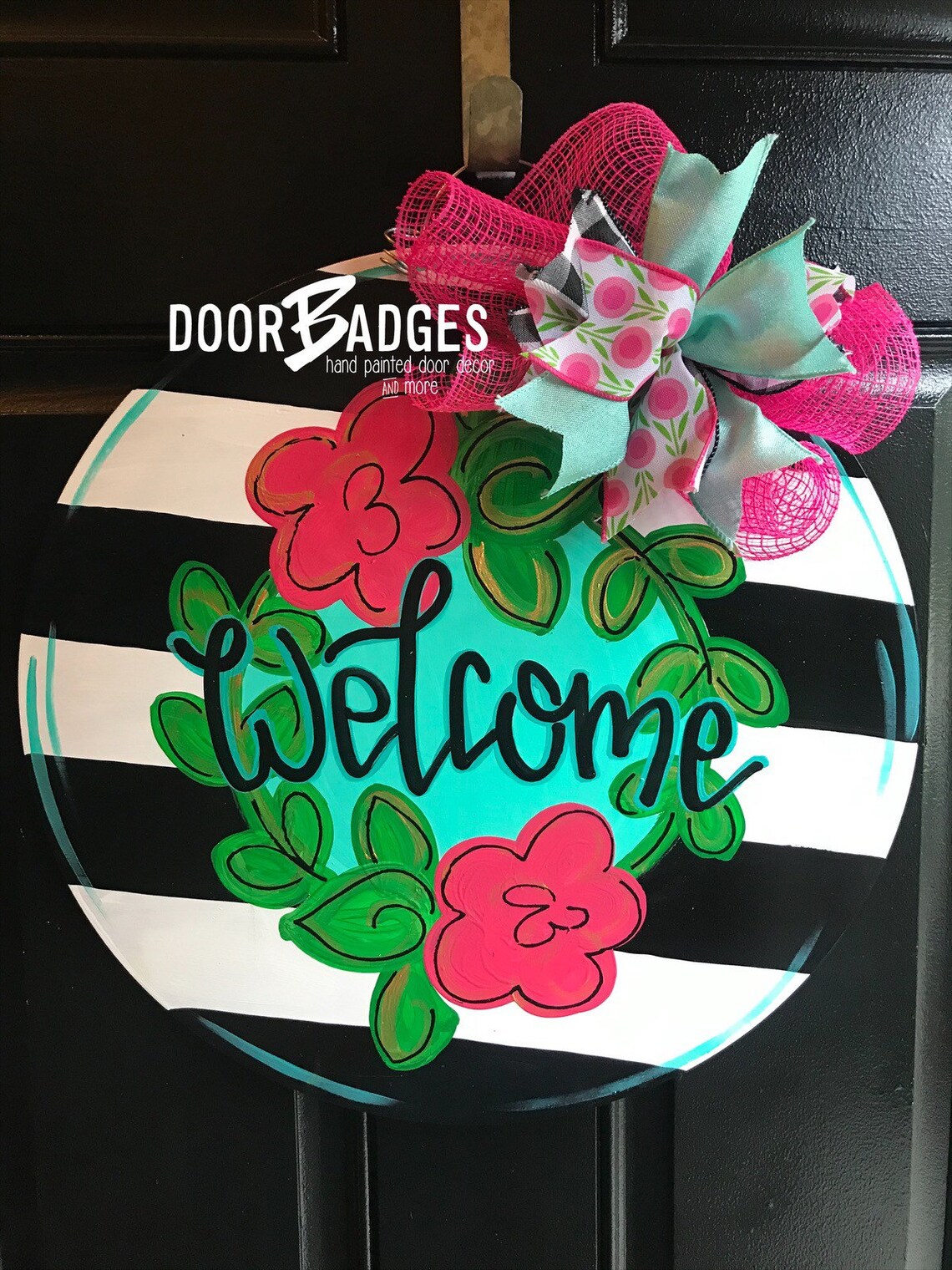 Welcome Floral Sign With Stripes Flowers Black and White - Etsy