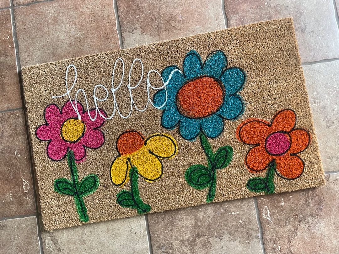 Summer Hello Flowers Coir Door Mat - Handpainted Coir Mat - Door Mat ...
