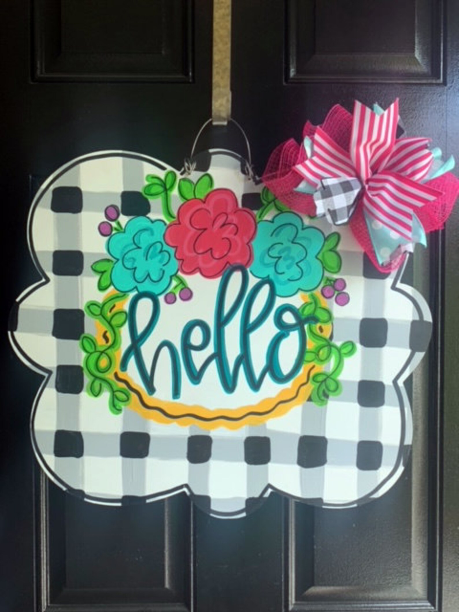 Welcome Plaid Floral Door Hanger Sign - Flowers - Welcome Sign - Wood ...