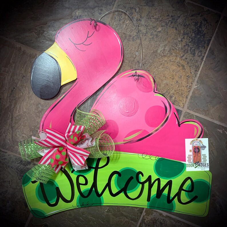 Pink Flamingo Door Hanger Welcome Flamingo Door Decor | Etsy
