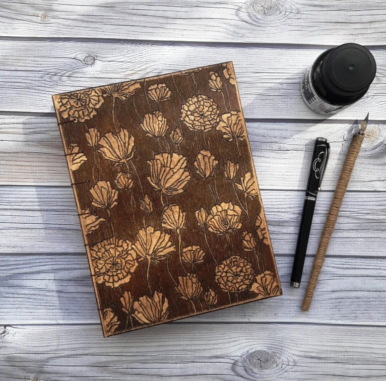 Wooden Book With an Engraving Handmade Botany Notebook in a - Etsy
