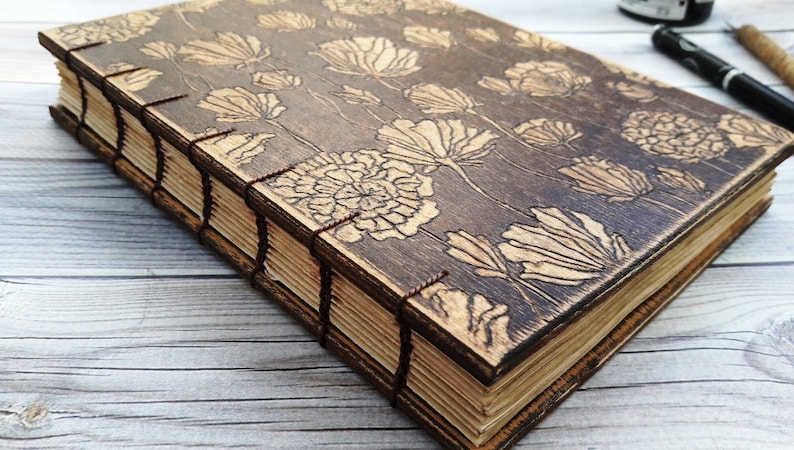 Wooden Book With an Engraving Handmade Botany Notebook in a - Etsy