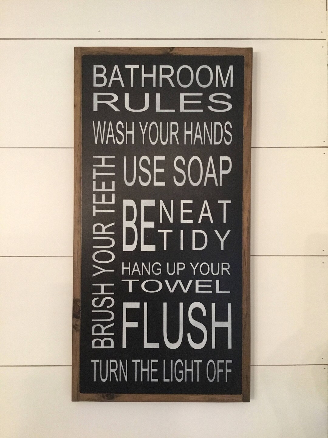 BATHROOM RULES 1'x2' Wooden Typography Sign Painted Distressed Rustic ...