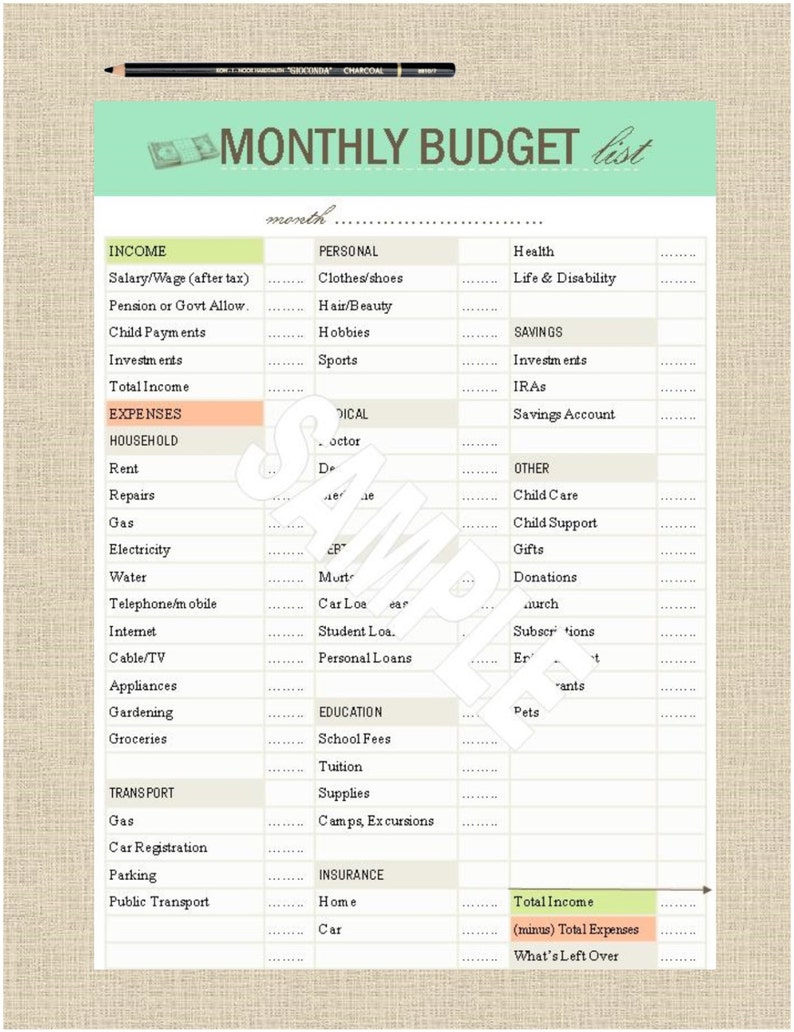 Life s Lists Printable A5 Monthly Budget List Etsy