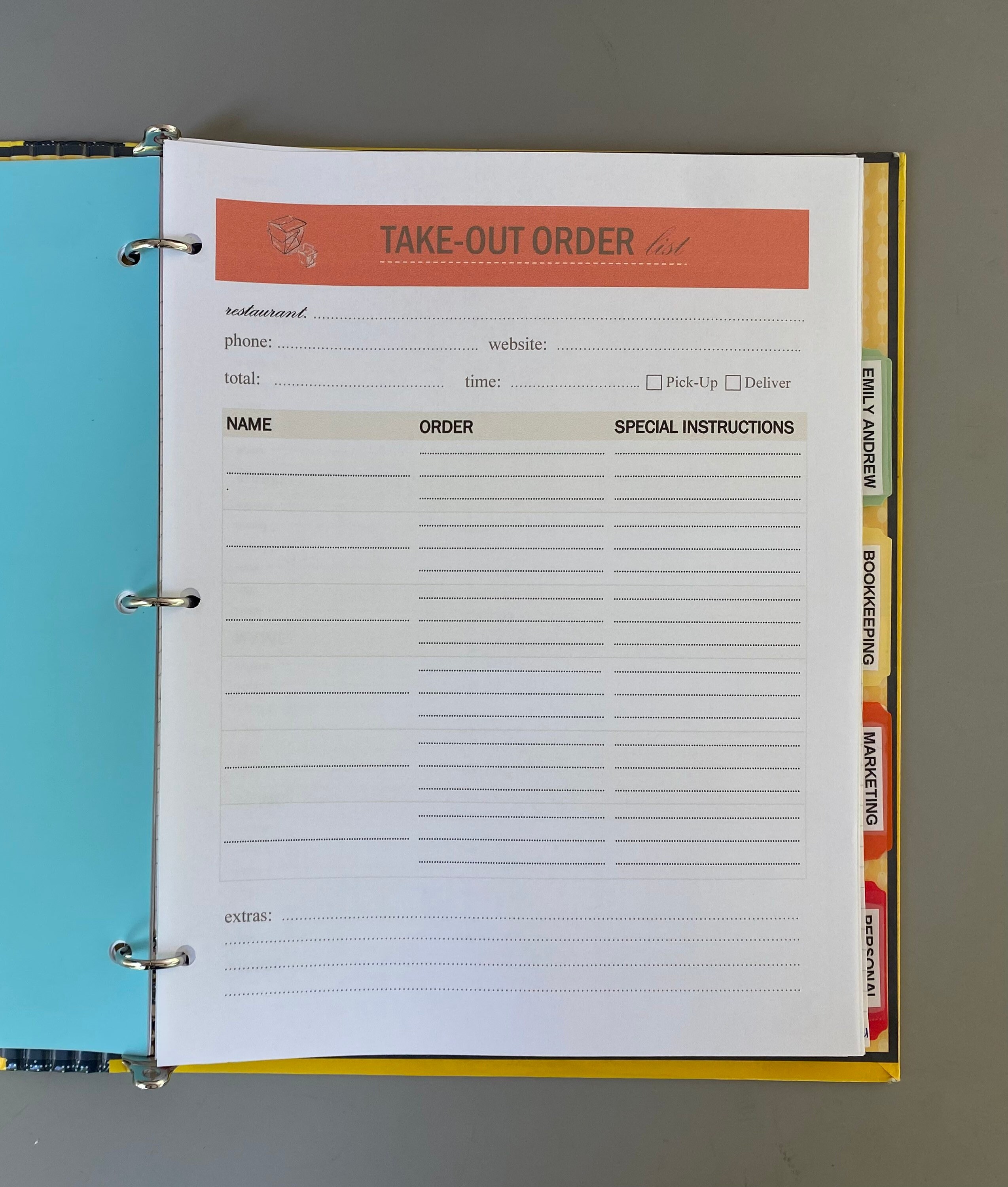 Take-out Order List Take-out Template Planner Page | Etsy