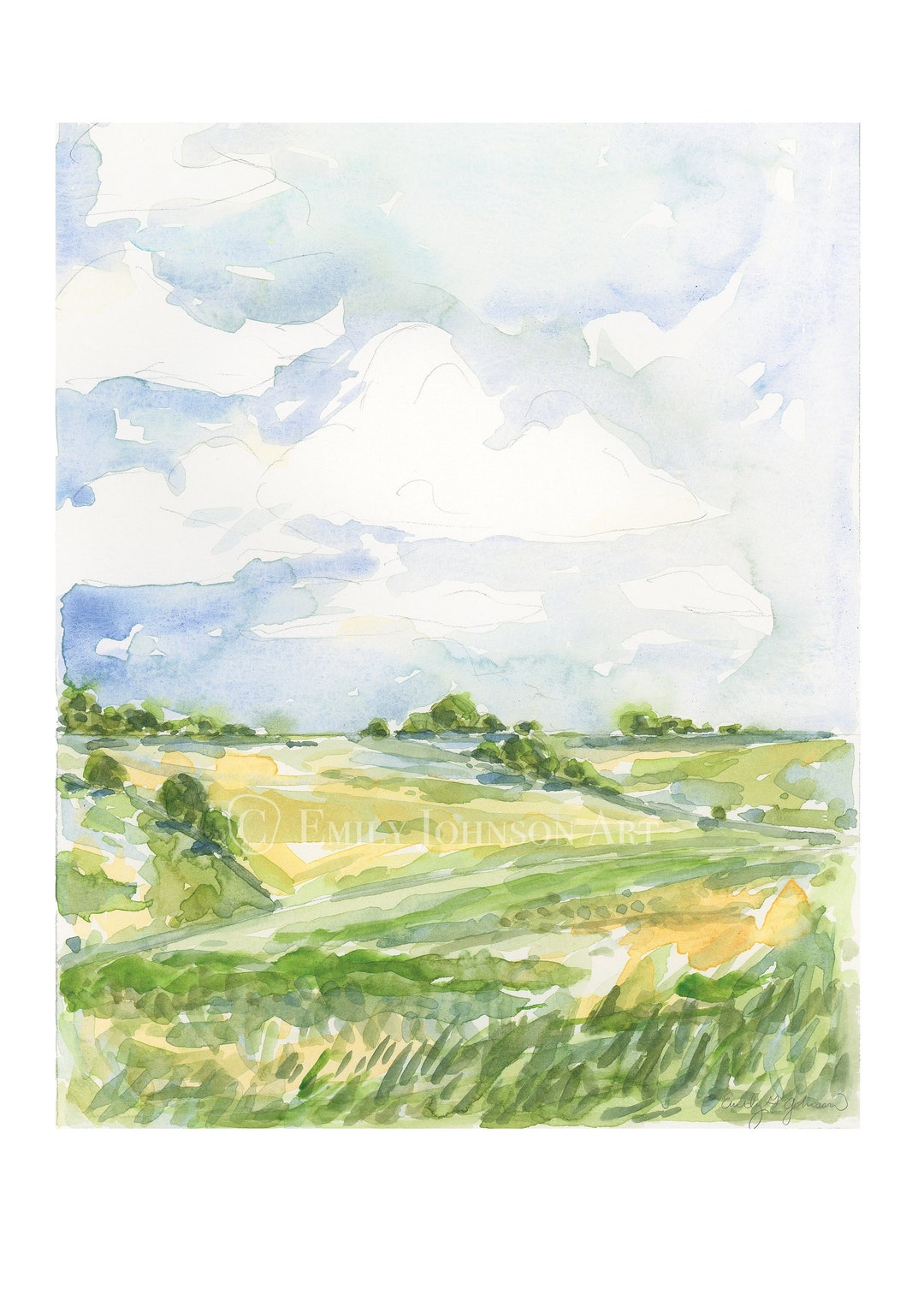 Watercolor Landscape Painting | Abstract Field and Sky Art Print ...