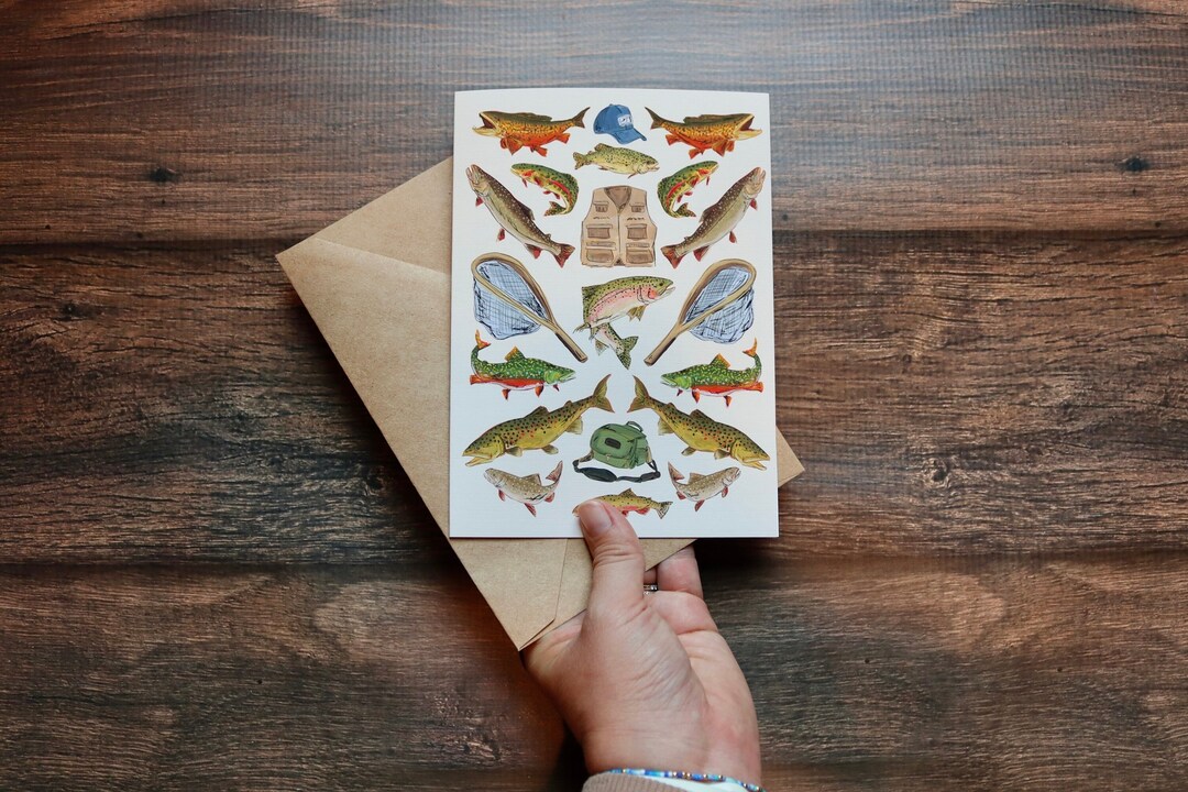 Trout Fish Note Card | Fly Fishing Man Art Stationery Gift | Fisherman ...